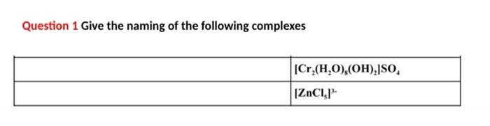 Solved Question 1 Give the naming of the following complexes | Chegg.com