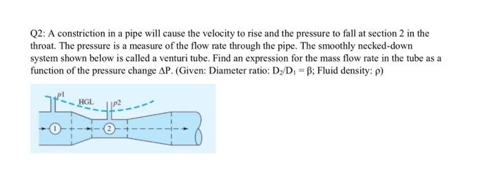 Q2: A constriction in a pipe will cause the velocity | Chegg.com