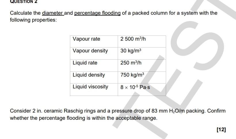 Solved Calculate the diameter and percentage flooding of a | Chegg.com