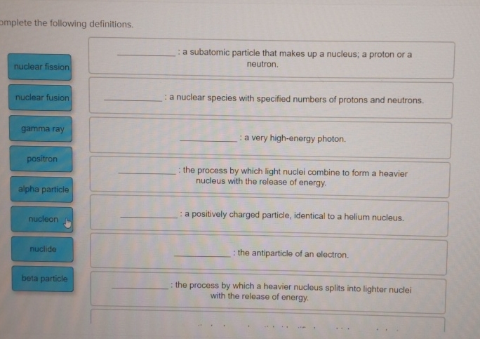 Solved omplete the following definitions.q, ﻿: a subatomic | Chegg.com