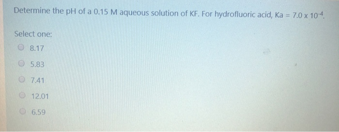 Solved Determine the pH of a 0.15 M aqueous solution of KF. | Chegg.com