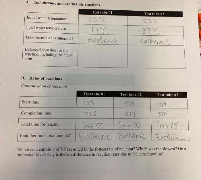 Solved A. Endothermic and exothermic reactions Test tube #1 | Chegg.com