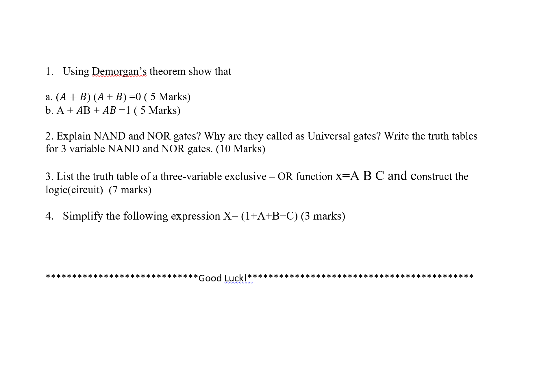 Solved Using Demorgan's theorem show thata. ﻿ Marks | Chegg.com