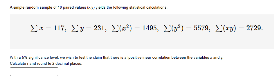 Solved A simple random sample of 10 ﻿paired values (x,y) | Chegg.com