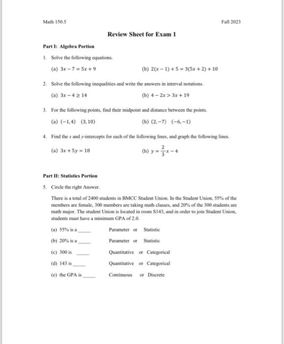 Solved Part 1 Algebra Portion 1 Solve The Following