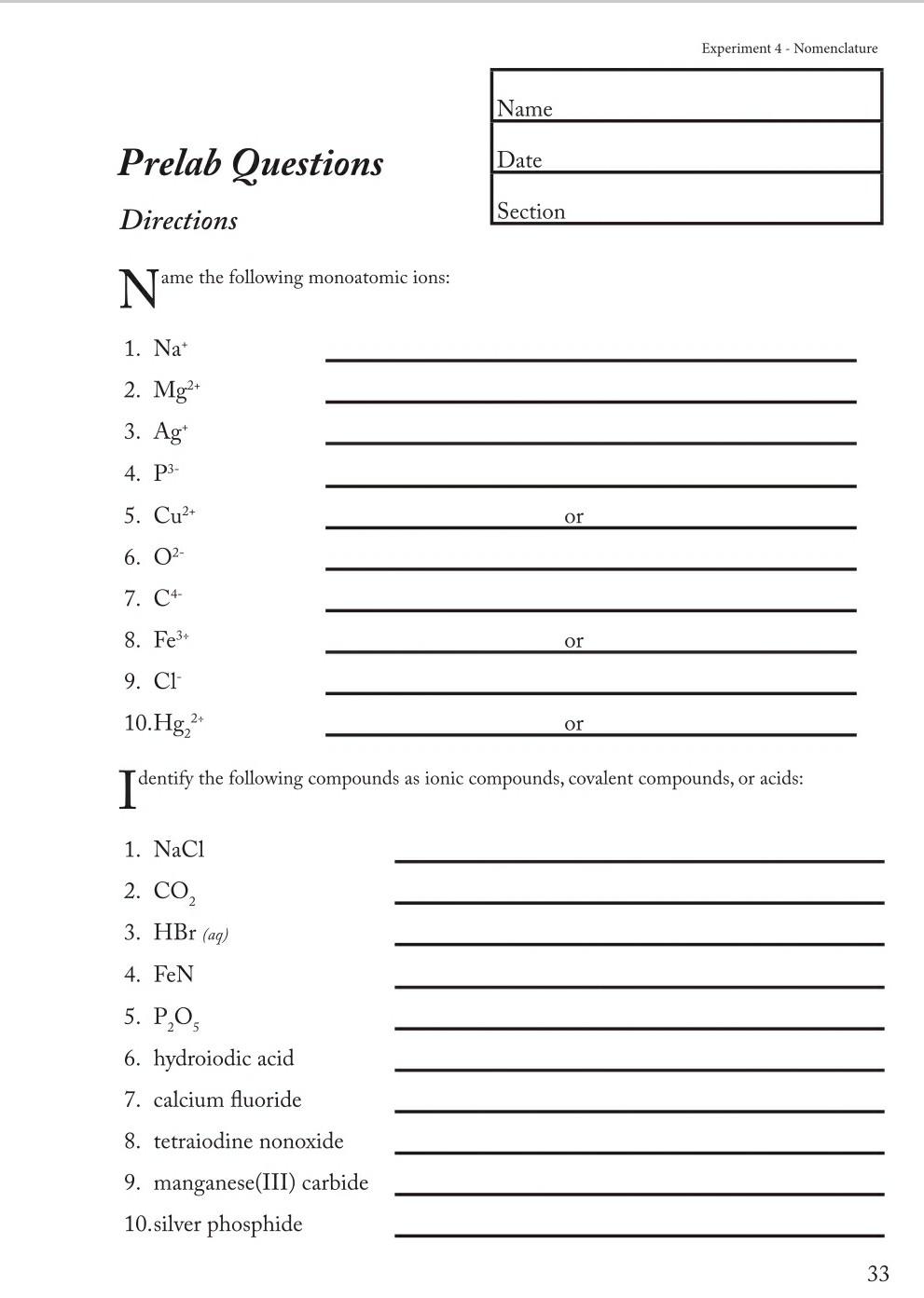 Solved Experiment 4 - Nomenclature Prelab Questions | Chegg.com