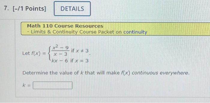 Solved Math 110 Course Resources - Limits \& Continuity | Chegg.com
