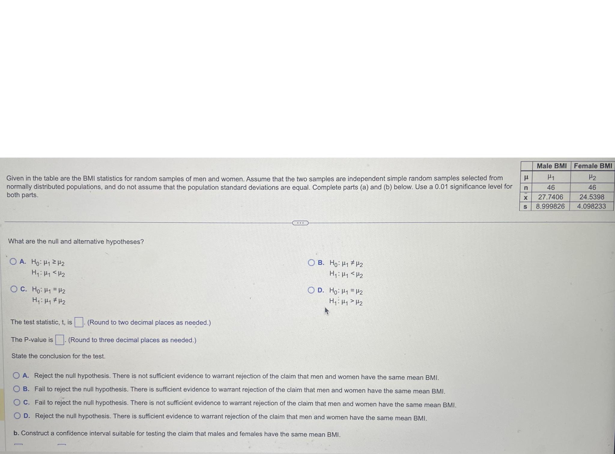 Solved Given in the table are the BMI statistics for random | Chegg.com