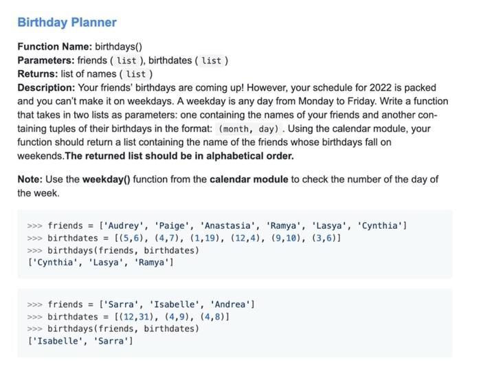 Solved Birthday Planner Function Name: birthdays() | Chegg.com