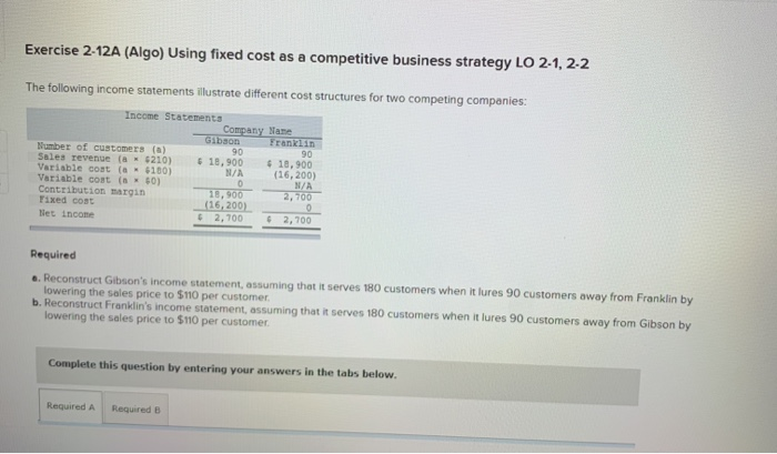 Solved Exercise 2-12A (Algo) Using fixed cost as a | Chegg.com