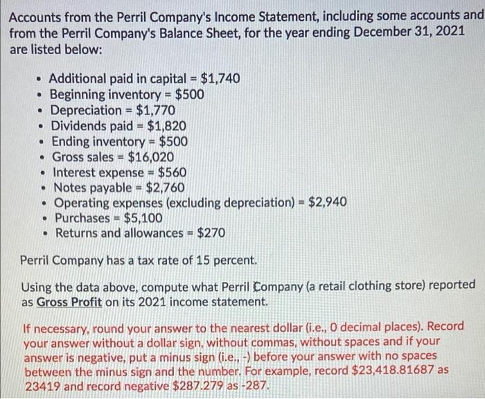 Accounts from the Perril Company's Income Statement, | Chegg.com