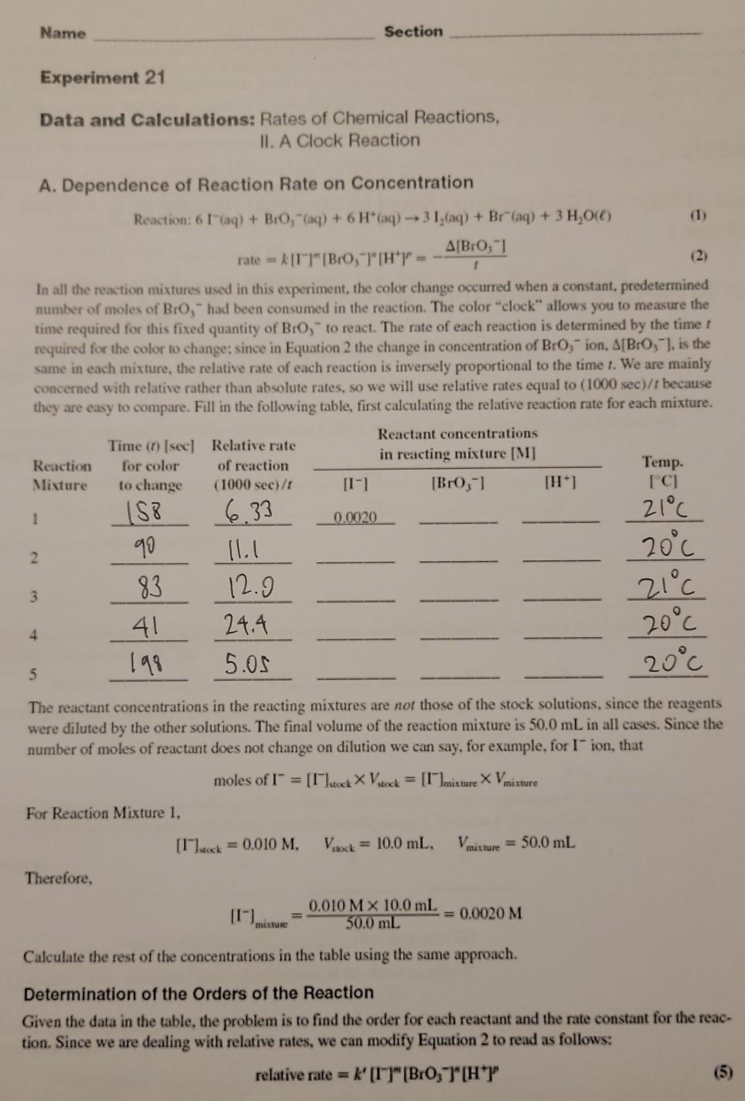 Solved Name Section Experiment 21 Data and Calculations: | Chegg.com