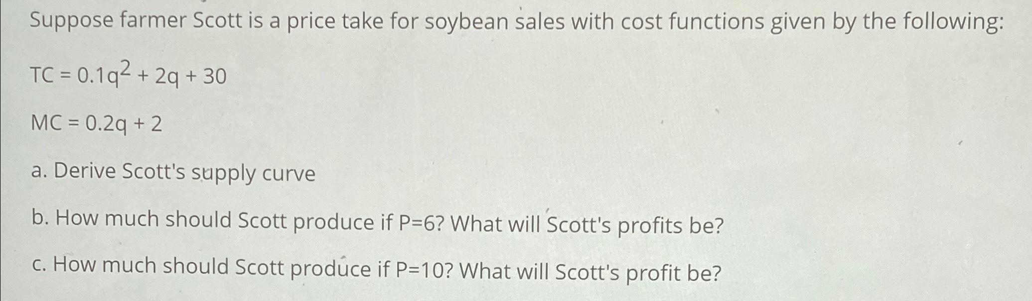 Solved Suppose farmer Scott is a price take for soybean | Chegg.com