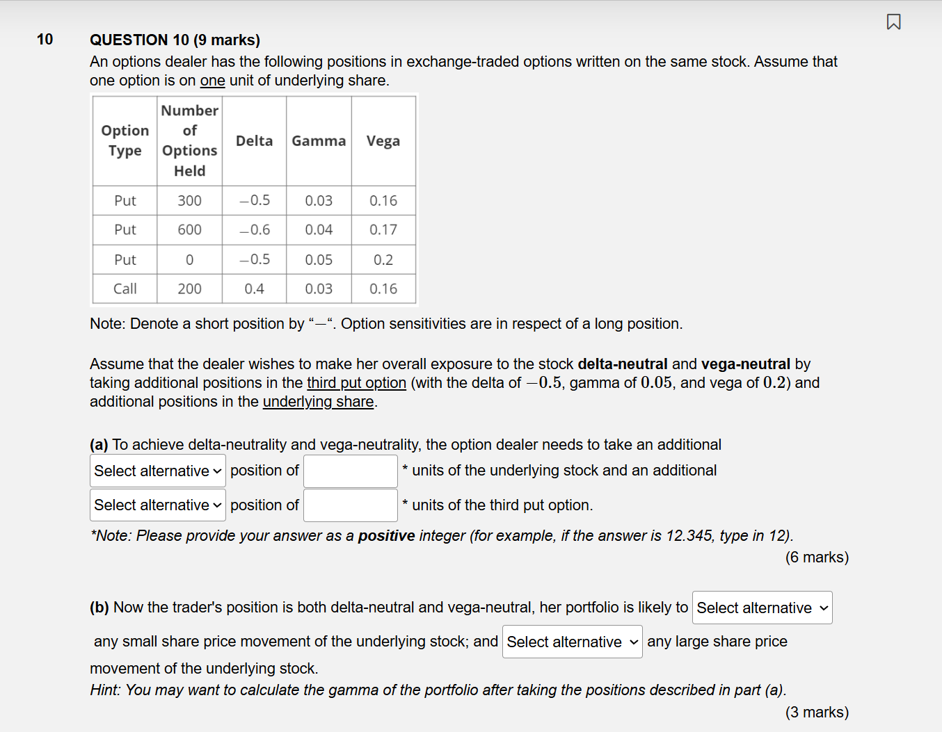 Solved QUESTION 10 (9 ﻿marks)An ﻿options dealer has the | Chegg.com