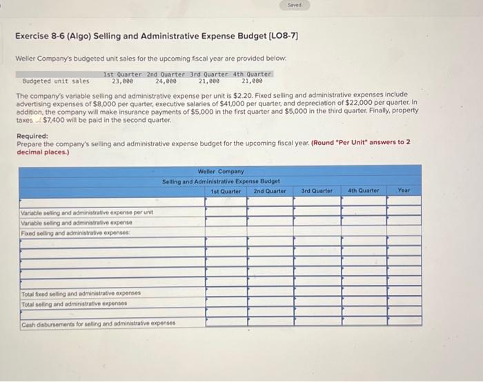 Solved Exercise 8-6 (Algo) Selling and Administrative | Chegg.com