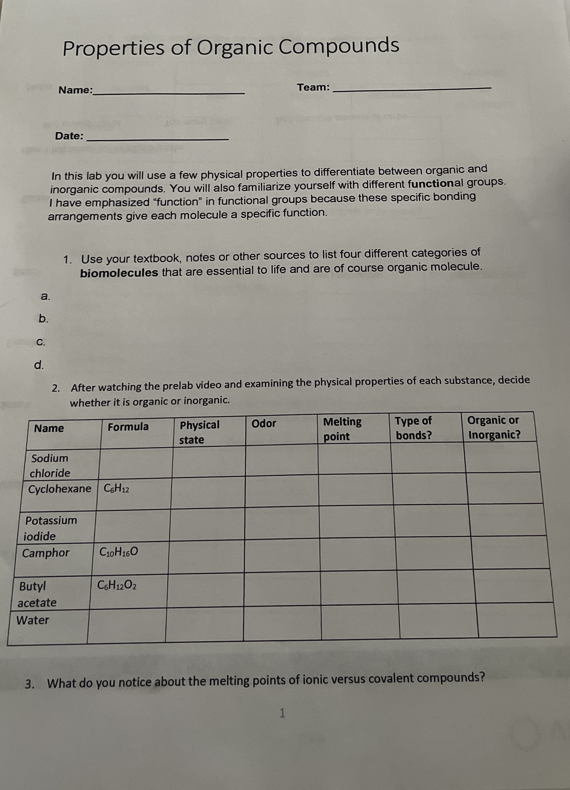 Solved Properties of Organic CompoundsNameTeamDate:In this | Chegg.com