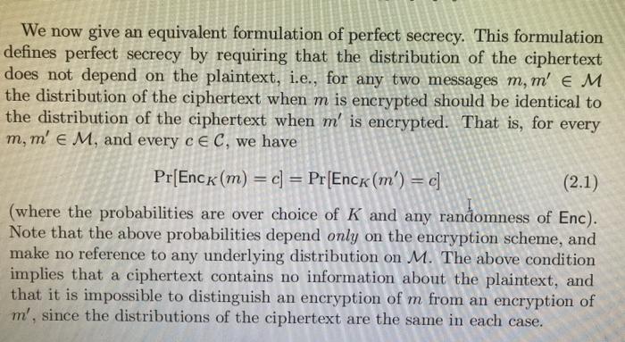1. Show that definition I of perfect secrecy | Chegg.com