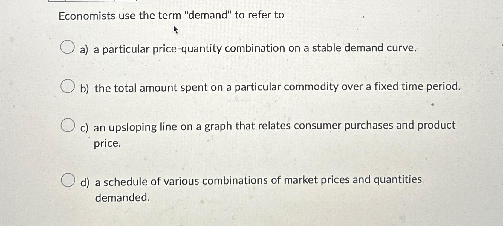 Solved Economists use the term "demand" to refer toa) ﻿a | Chegg.com