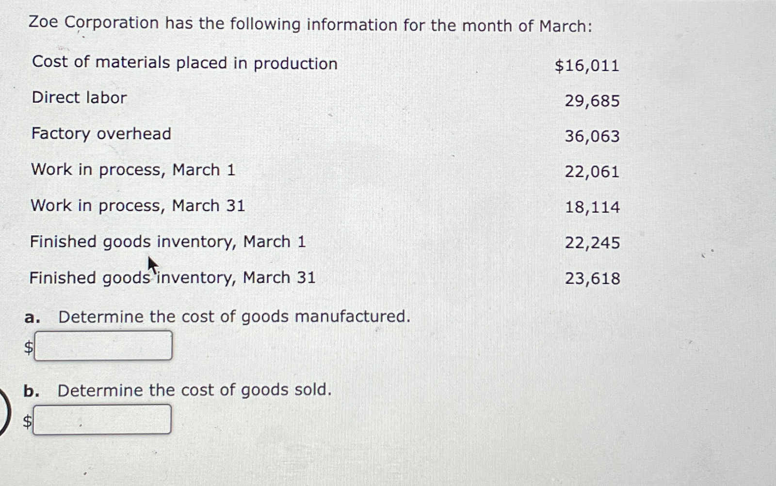 Solved Zoe Corporation has the following information for the | Chegg.com
