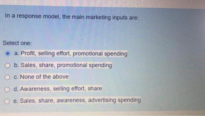 Solved In a response model, the main marketing inputs are: | Chegg.com