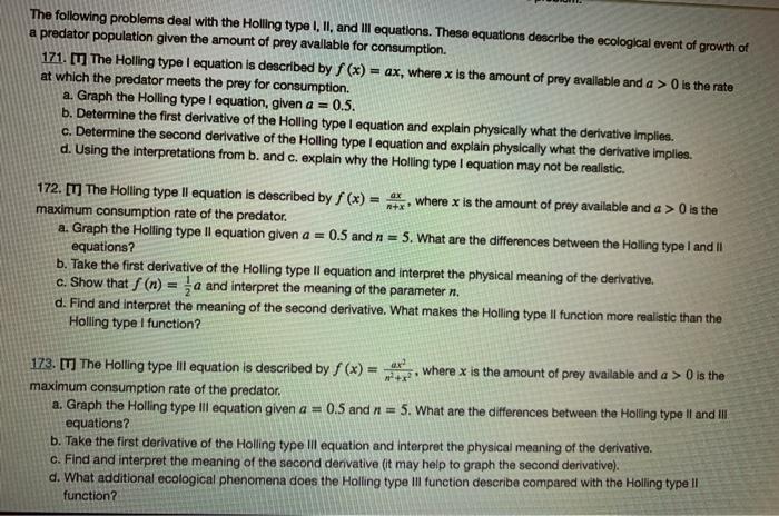 Solved The following problems deal with the Holling type I, | Chegg.com