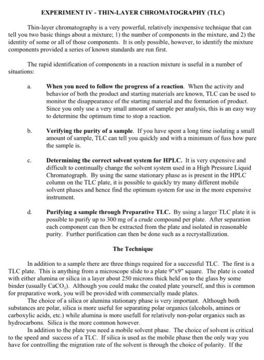 a EXPERIMENT IV - THIN-LAYER CHROMATOGRAPHY (TLC) | Chegg.com