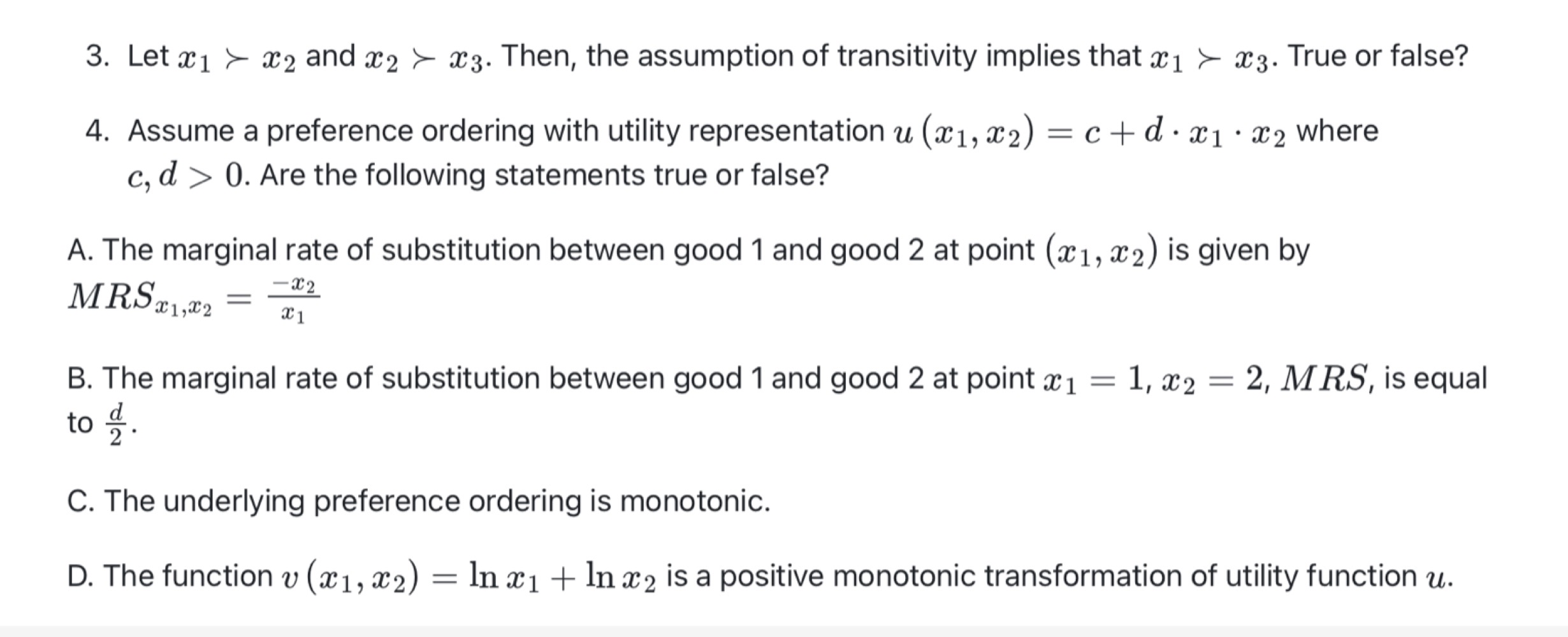Solved Assume a preference ordering with utility | Chegg.com
