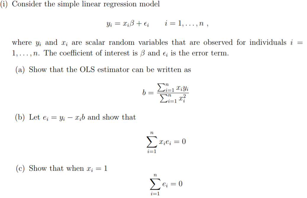 Solved (i) Consider the simple linear regression model Yi = | Chegg.com