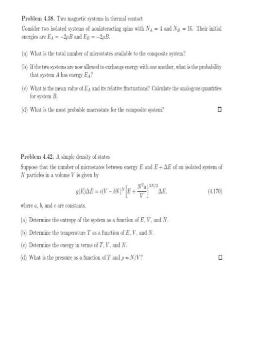 Solved Problem 4.38. Two magnetic systems in thermal contact | Chegg.com