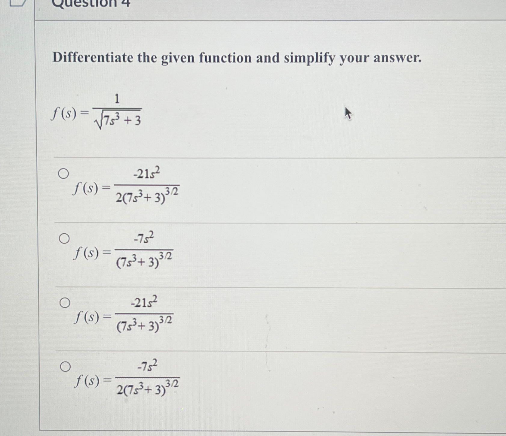 Solved Differentiate the given function and simplify your | Chegg.com