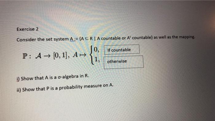 Solved Consider the set system A:={A⊆R∣A countable or Ac | Chegg.com