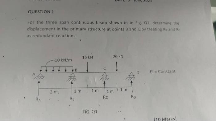 Solved QUESTION 1 For the three span continuous beam shown | Chegg.com