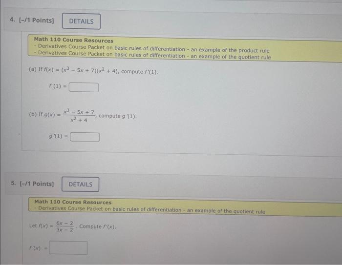 Solved Math 110 Course Resources - Derivatives Course Packet | Chegg.com