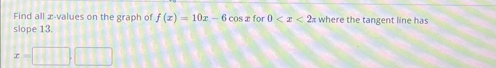 Find all x-values on the graph of f(x)=10x-6cosx ﻿for | Chegg.com