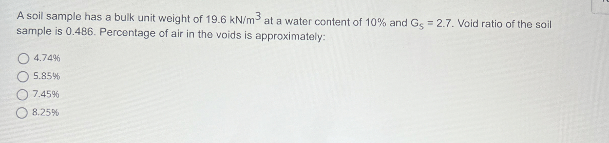 Solved A soil sample has a bulk unit weight of 19.6kNm3 ﻿at | Chegg.com