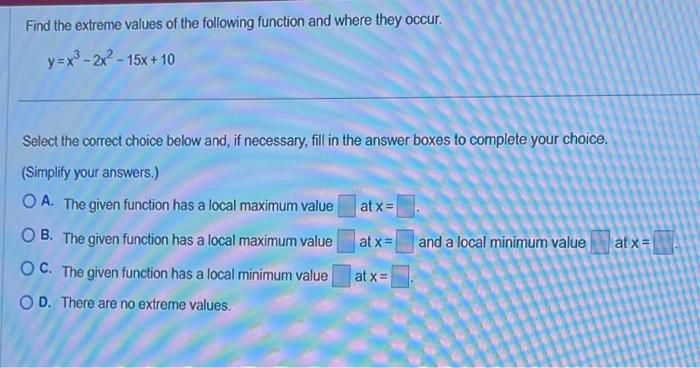 Solved Find the extreme values of the following function and | Chegg.com