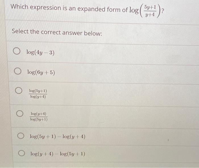 Solved Which expression is an expanded form of log 5y+1 | Chegg.com