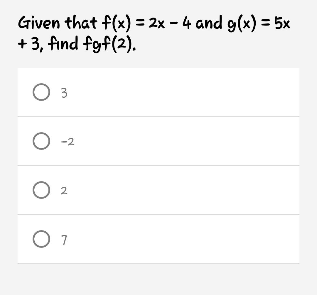 Solved Given that f(x)=2x−4 and g(x)=5x +3, find fgf(2). 3 | Chegg.com