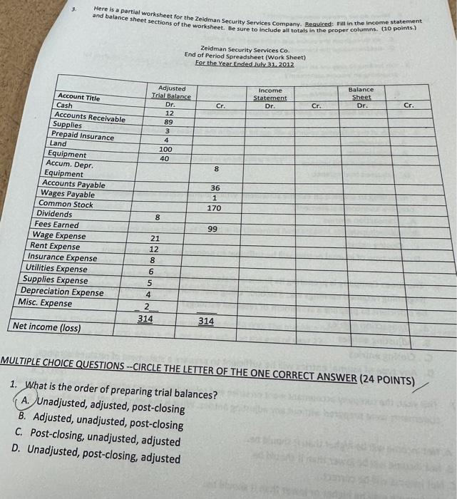 Solved 3. Here is a partial worksheet for the Zeidman | Chegg.com