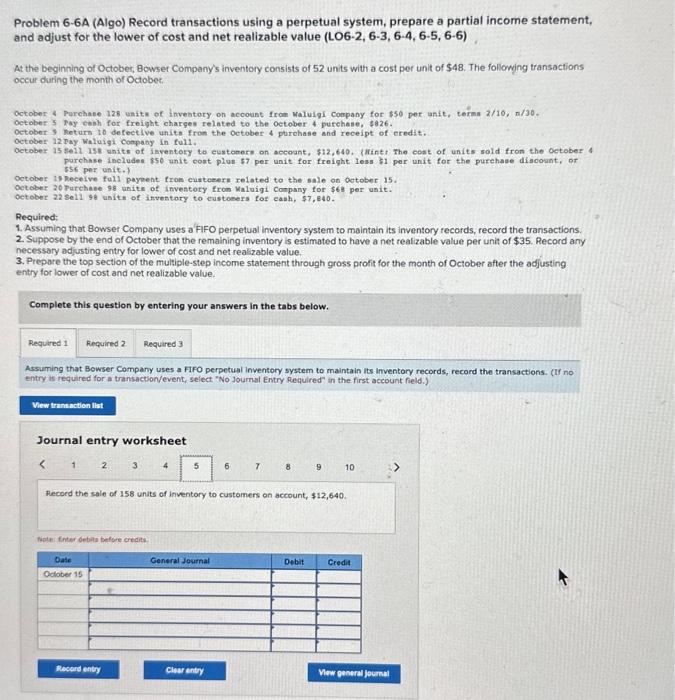 Solved Problem 6-6A (Algo) Record transactions using a | Chegg.com