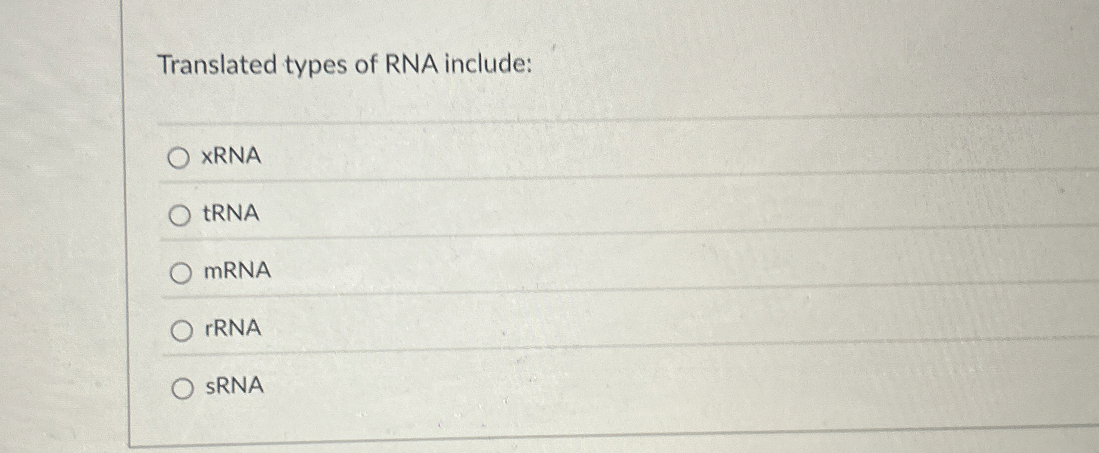 Solved Translated types of RNA include:xRNAtRNAmRNArRNAsRNA | Chegg.com