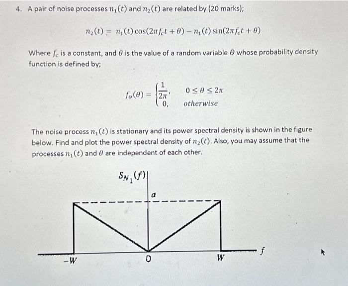 Solved 4. A pair of noise processes n1(t) and n2(t) are | Chegg.com