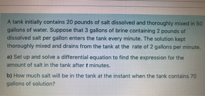 Solved A tank initially contains 20 pounds of salt dissolved | Chegg.com