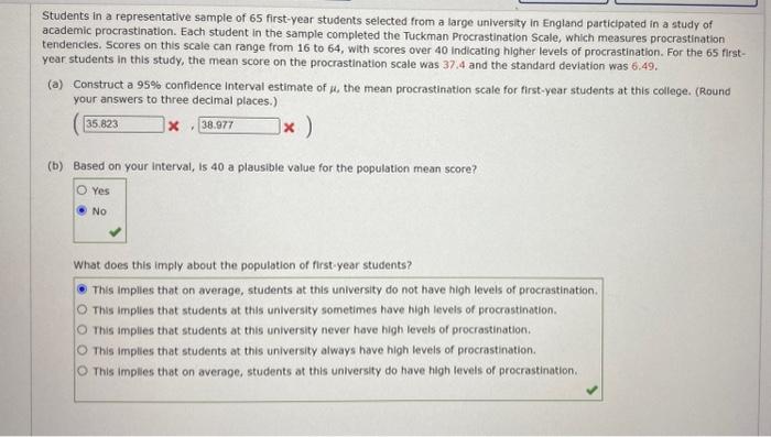 Solved Students in a representative sample of 65 first-year | Chegg.com