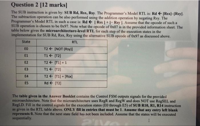 Question 2 [12 marks] The SUB instruction is given | Chegg.com