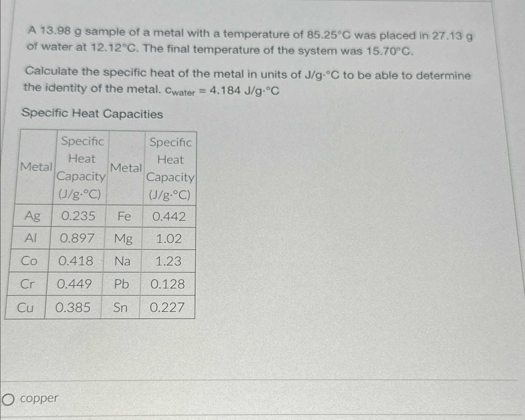 Solved A 13.98g ﻿sample of a metal with a temperature of | Chegg.com