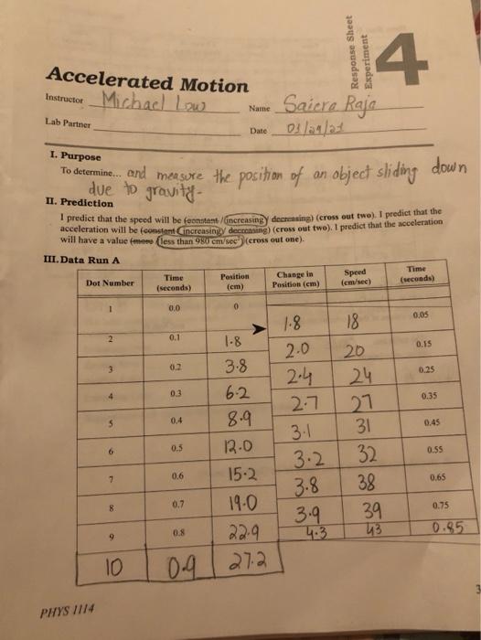 Solved Response Sheet Experiment 114 Accelerated Motion | Chegg.com