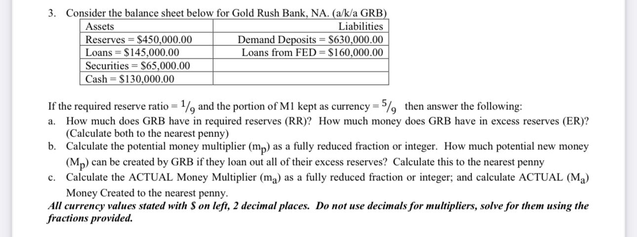 Consider the balance sheet below for Gold Rush Bank, | Chegg.com