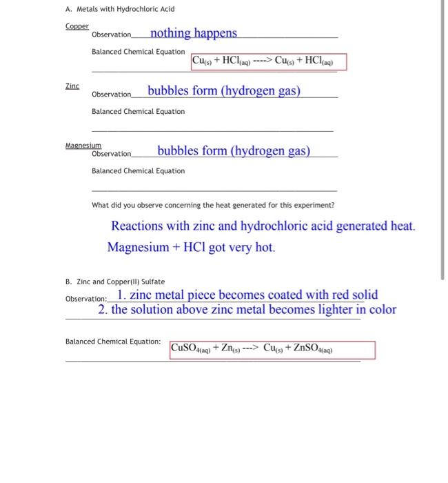 Solved A. Metals with Hydrochloric Acid Copper Observation | Chegg.com
