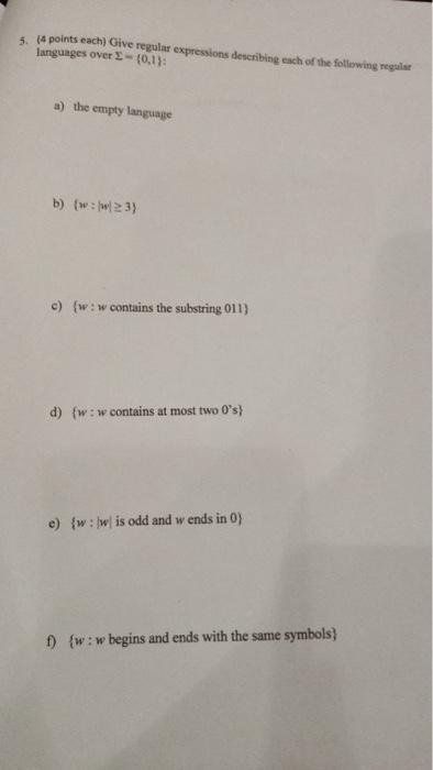 Solved 5. (4 points each) Give regular expressions | Chegg.com